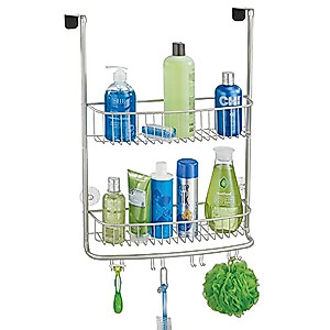 mDesign Extra Wide Stainless Steel Bath/Shower Over Door Caddy, Hanging Storage Organizer 2-Tier Rack with Hook and Basket, Holder for Soap, Shampoo, Loofah, Body Wash, Omni Collection, Matte Satin