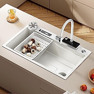 Kitchen sink, 304nm stainless steel household sink under the counter, white digital display flying rain waterfall large single sink, pull out hot and cold water faucet ( Color : B61 , Size : 68*45*22c