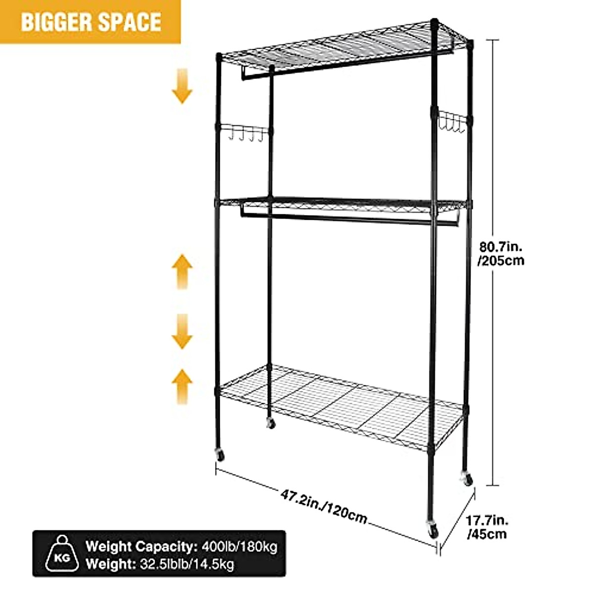 ALUPOM Heavy Duty Rolling Garment Rack, 3-Tier Metal Clothing Rack Closet Organizer with Loackable Wheels,2 Rods and 2 Pair Side hooks,Loading 400 lbs