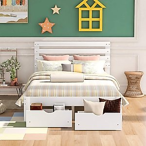 Lepfun Full Bed Frame with Drawers,Wood Full Size Platform Bed Frame with Headboard, Full Storage Bed for Kids Girls Boys, No Box Spring Needed, White
