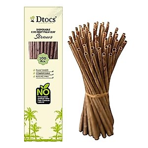 Dtocs 100 Pc. Elegant Bamboo Straw Look Coconut Leaf Disposable Straws | Long Unwrapped Biodegradable Smoothie, Cocktail, Coffee Compostable Straw Alternate to Wooden, Paper, Plastic & Reusable Straws
