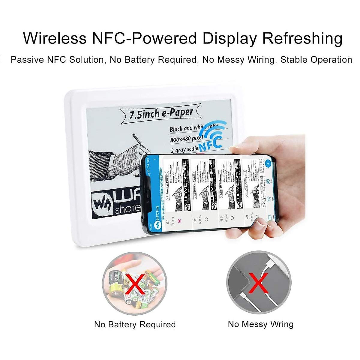 waveshare 7.5inch Passive NFC-Powered e-Paper Display Black/White e-Ink Screen, Wireless Powering and Data Transfer No Battery Required, Refresh by Smartphone with NFC Function or NFC Reader