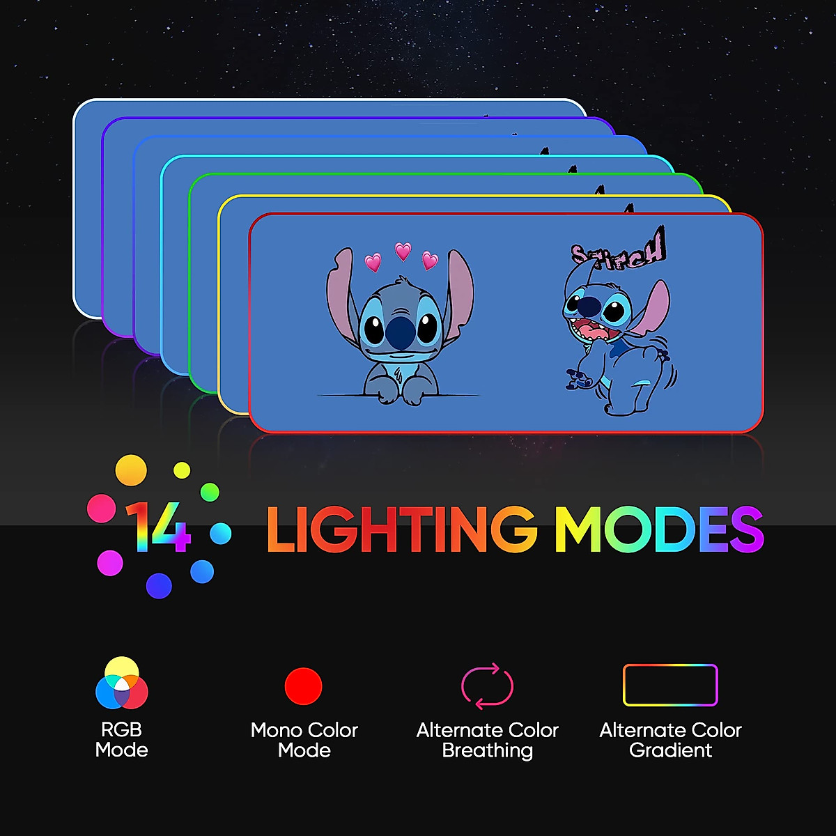 RGB Gaming Mouse Pad,Cartoon Stitch Large Gaming Mouse Pad with 14 Lighting Modes,Waterproof Computer Keyboard Desk Mat 31.5×11.8 inches (Stitch B)