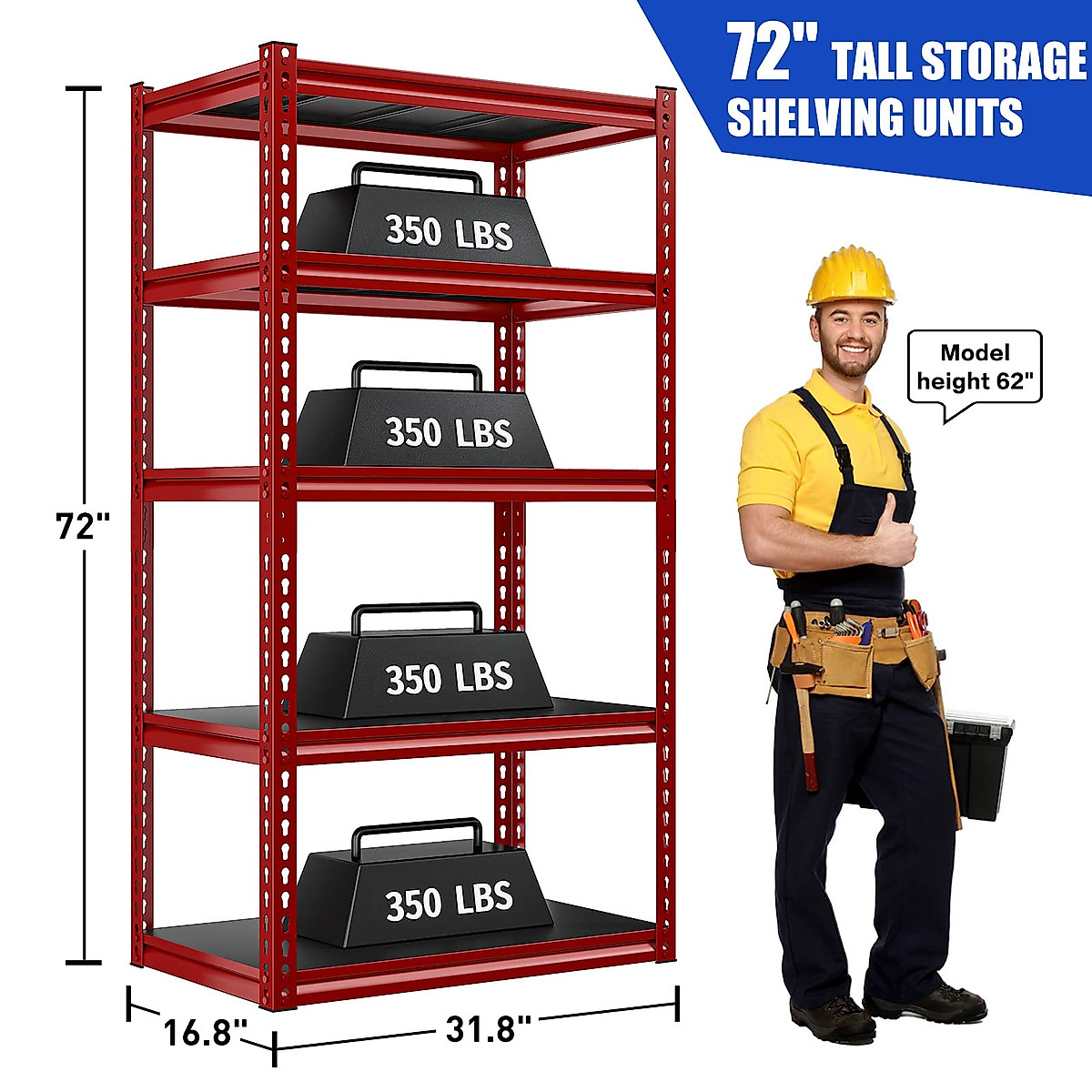 REIBII 72"H Garage Shelving Heavy Duty Storage Shelves Adjustable Garage Storage Shelves 1750LBS 5 Tier Metal Shelving Unit for Storage Shelving Storage Rack 72"H x 16.8"D x 31.8"W Red Black 2 Pack