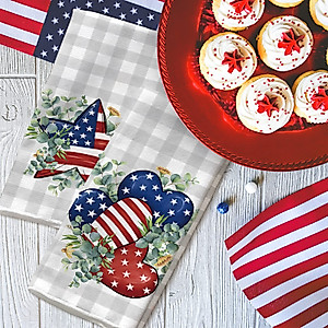 AnyDesign Patriotic Kitchen Towel 18 x 28 Inch 4th of July Gray Buffalo Plaids Dish Cloth American Flag Star Hearts Green Leaves Hand Drying Tea Towel for Independence Day Memorial Day Cooking, 2Pcs