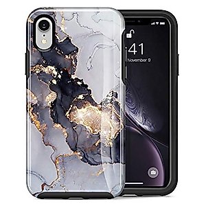 Dutyway for iPhone XR Marble Case, Cute Gold Glitter Phone Cases for iPhone 10xr, Heavy Duty Rugged Bumper Shockproof Protective Soft Rubber Hard PC Cover for Women Men (Black)