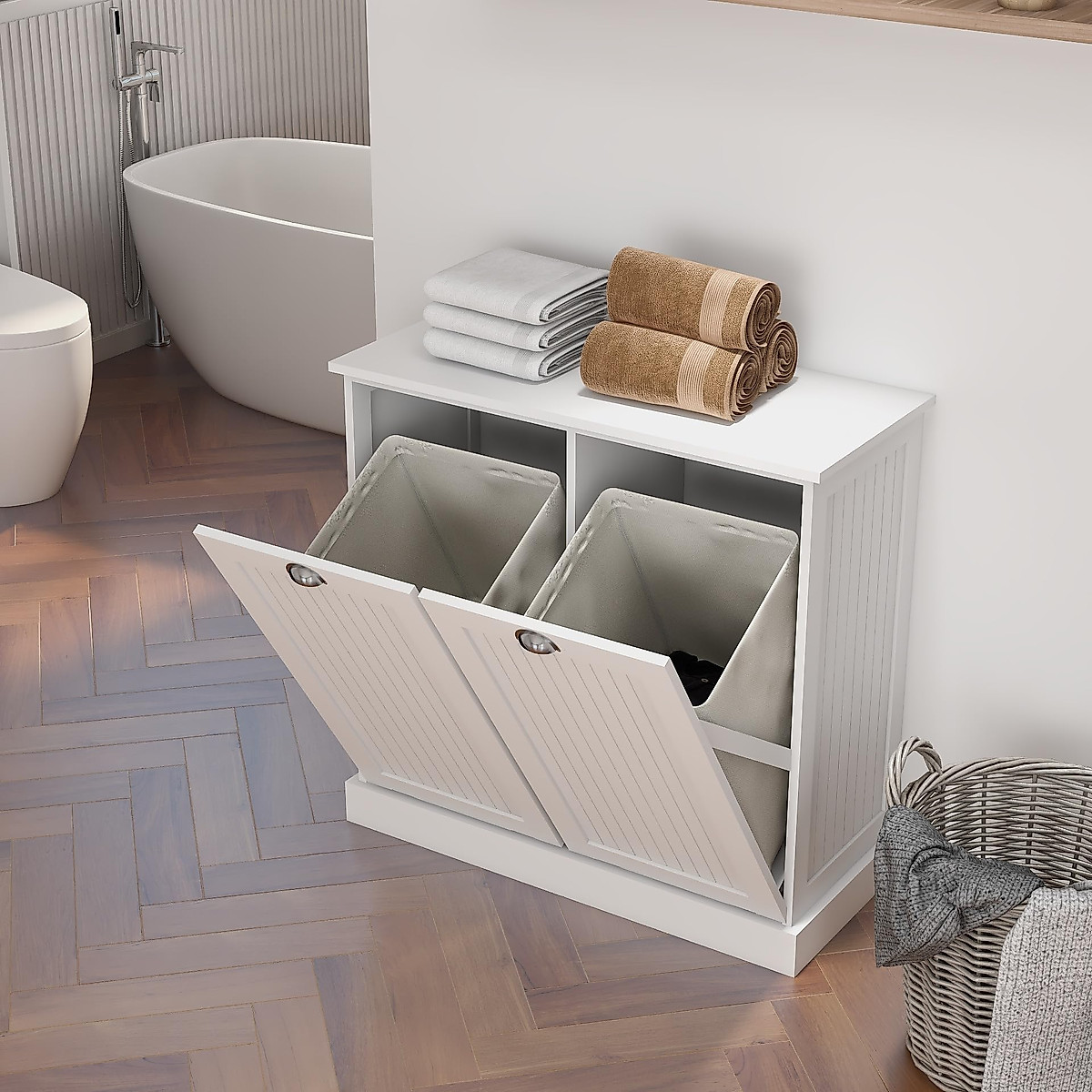 RASOO Double Tilt Out Trash Cabinet White Free Standing Laundry Sorter Cabinet with Removable Two-Compartment Tilt-Out Hamper Clothes Basket