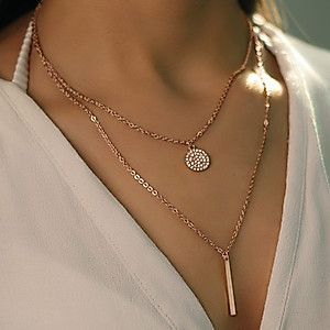 LUXSTRA 18K Gold Filled Necklace for Women | Cubic Zirconia Pave Disc Pendant Necklace with Bar Charm | Rose Gold Necklace for Women | Stackable Necklace Choker