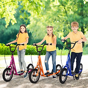 GYMAX Scooter, Kids & Adults Off-Road Scooter with 12" Inflatable Wheels, Adjustable Height Handlebar, V-Type Handbrakes & Axle Pegs for All Terrain, 8+ (Blue)
