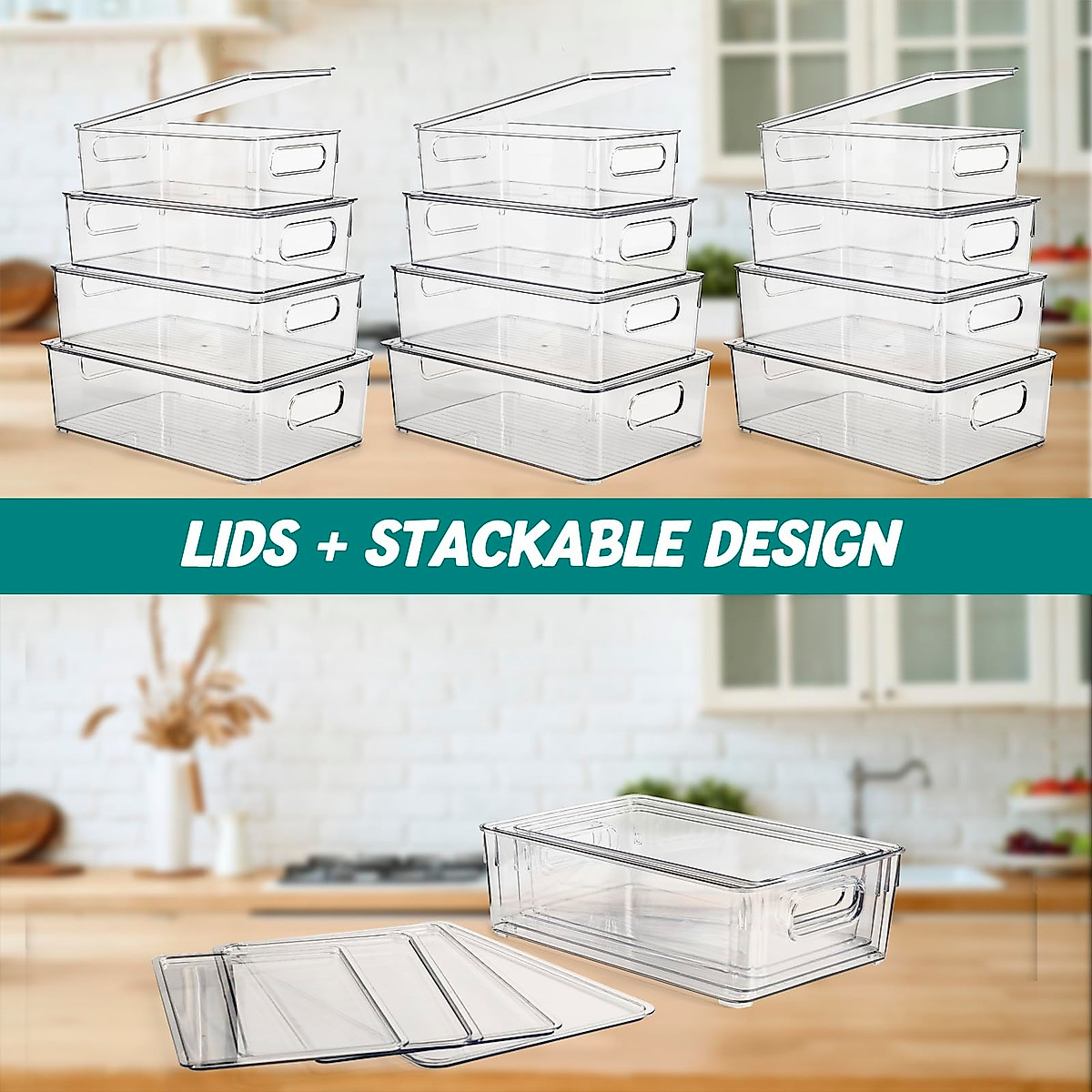 MASSUGAR Refrigerator Organizer Bins with Lid, 12 Pack Plastic Freezer Organizer Bins - Stackable Fridge Organizers and Storage for Freezer, Kitchen - Clear Pantry Organization and Storage Bins