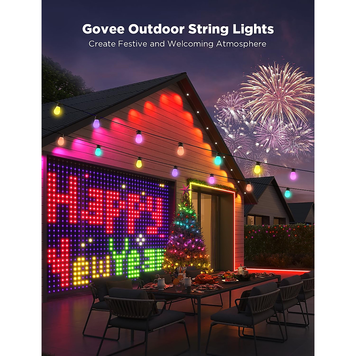 Govee Smart Outdoor String Lights H7020, RGBIC Warm White 48ft LED Bulbs for Outdoor, WiFi Patio Lights Work with Alexa, Google Assistant, APP Control, IP65 Waterproof