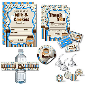 Milk and Cookies Boy Birthday Party Bundle Includes 20 each of Invitations & Thank You Cards with Envelopes + 2 Different Sizes of Stickers, Mini Candy Bar Wrappers, & Water Bottle Labels!