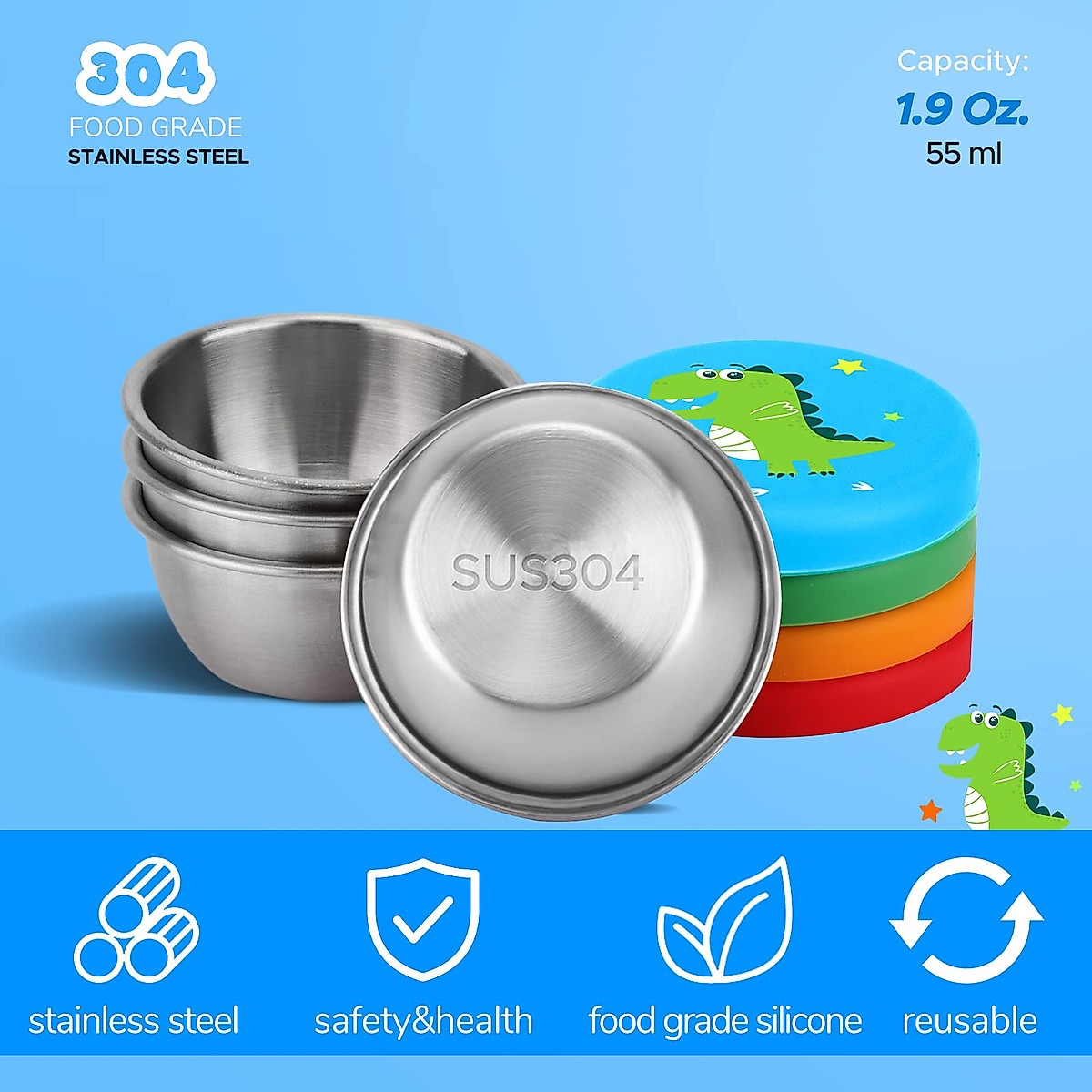 MAIGOZON Kids Salad Dressing Containers To Go, 1.7 oz Small Condiment Containers with Dinosaurs Leakproof Silicone Lids, Reusable Stainless Steel Sauce Dip Cup for Kids Boys Lunch Bento Box, 4PCS