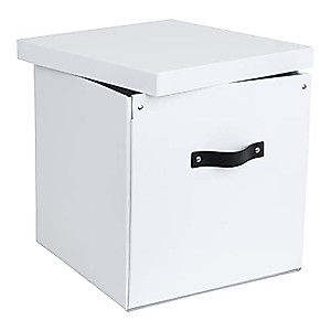 Bigso Logan Storage Box KD | Storage Cubes with Lid for Shelves and Cubical Room Organizers | Collapsible Storage Cube with Leather Handle for Organization | 12.4’’ x 12.4’’ x 12.2’’ (White)
