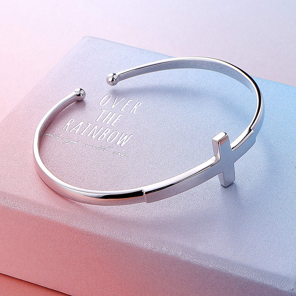 DAOCHONG S925 Sterling Silver Engraved Faith Hope Love Inspirational Cuff Cross Bangle for Women Sister