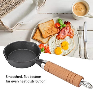 Mini Cast Iron Skillet, 3.9in Frying Pan with Drip Spouts and Wooden Handle Single Egg Frying Pan Round Mini Fry Pan for Cooking Baking Cookie Brownie