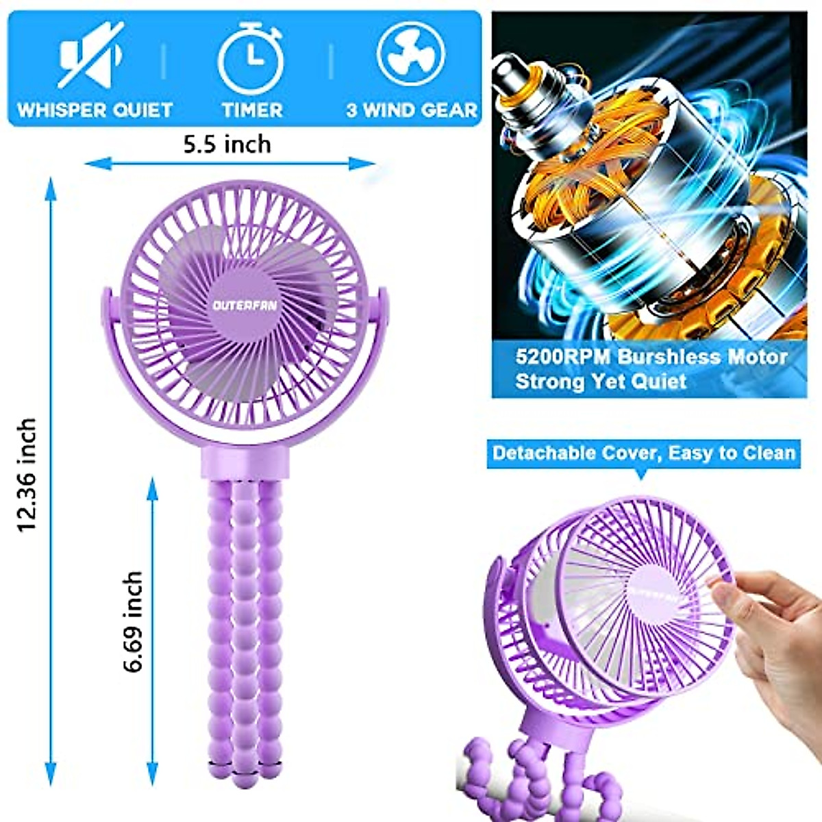 Portable Fan, Stroller Fan 60Hrs 12000mAh Battery Operated Fans USB Rechargeable Small Fan for Bedroom, Desk, Personal Handheld, Clip on Fan for Baby Stroller, Travel, Car Seat, Peloton, Bed, Camping