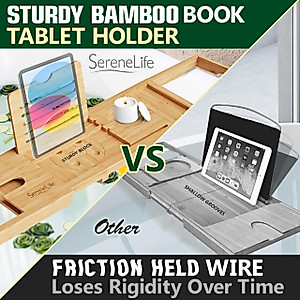 SereneLife Bathtub Tray - Expandable Bath Tray for Tub, Foldable Adjustable Bamboo Caddy with Non-Slip Handles, Device Holder and Wine Glass Slot for Bathing Luxury (Folding, Hard Back)