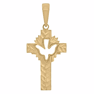 14k Yellow Gold Descending Dove and Olive Leaves Glory Cross Charm Pendant