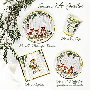 YARA Woodland Creatures Theme Baby Shower & Birthday Party Supplies For Boy & Girl Decorations with paper plates, napkins and cups of Forest Animal Friends Fox Deer Bear Racoon Tableware Set Serves 24