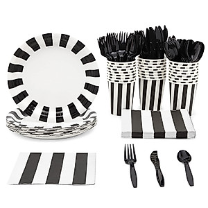 BLUE PANDA 144 Piece Black and White Party Decorations - Serves 24 Striped Party Supplies with Plates, Napkins, Cups and Cutlery for Birthday, Graduation