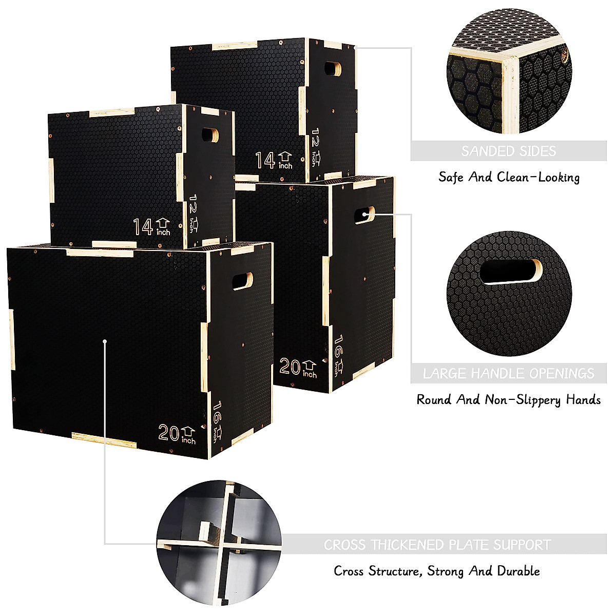 Fitvids 3 in 1 Non-Slip Wooden Plyo Box Plyometric Box Jumping Exercise, 12x14x16 Inches, Black