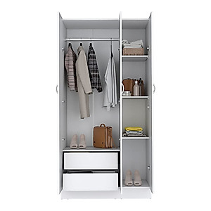 Wardrobe Erie with Four Storage Shelves, Two Drawers and Three Doors -White.