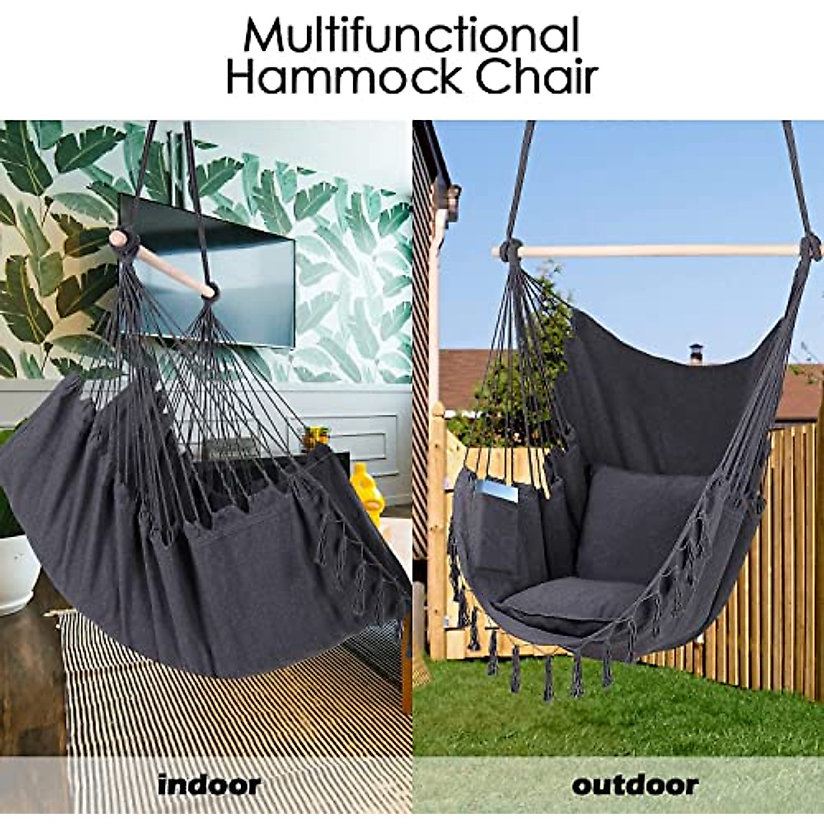 HFKJ Hammock Chair Hanging Rope Swing Chair with 2 Seat Cushions & Installation Kit, Max 330 Lbs, Handmade Macrame Hanging Chair for Bedroom Patio Yard Garden, Dark Grey