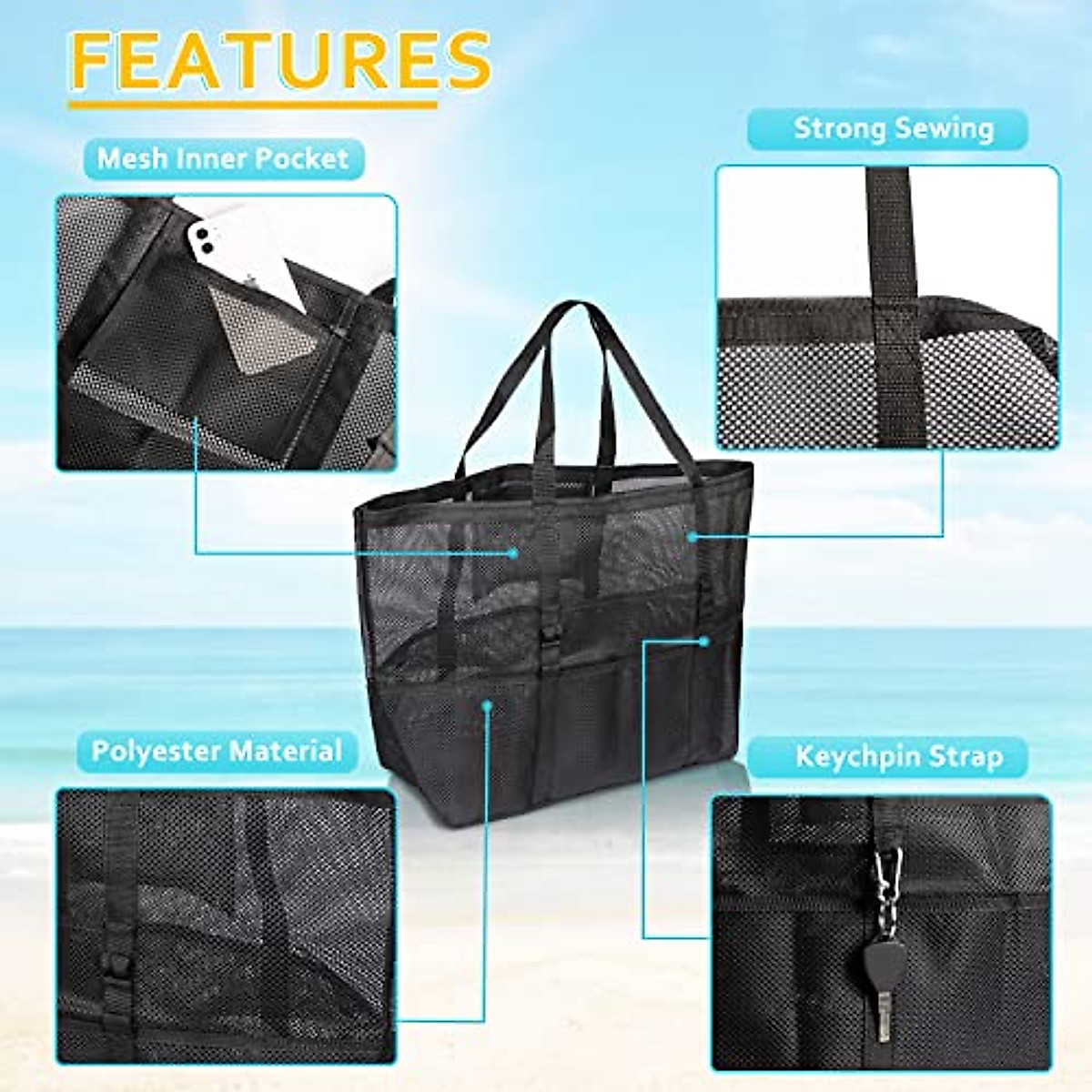 SRISE Mesh Beach Bag - Large Tote Bag for Family , Toys & Vacation Essentials