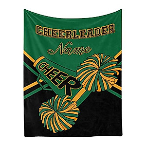 Cheerleader Green Gold& Black Personalized Blanket with Name Soft Fleece Throw Blankets for Men Women Birthday Wedding Gift 60X80 inch