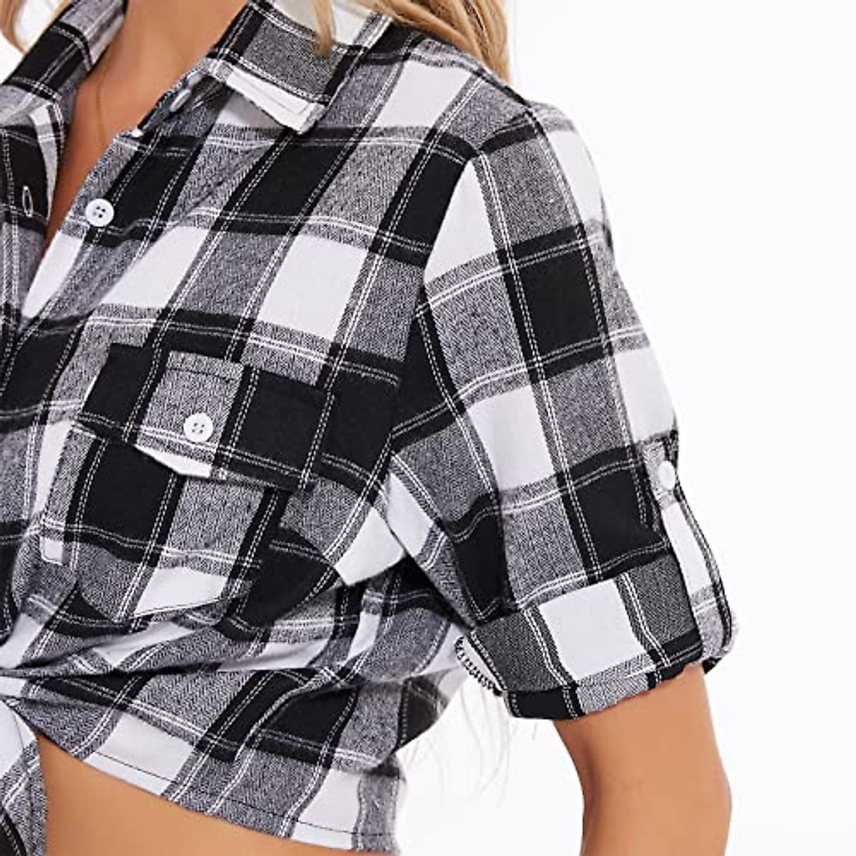 Women's 3/4 Sleeve Front Tie Shirt Plaid Shirts Denim Shirt Crop Cardigan Jean Crop Top Button Down Knot Shirt Black Plaid X-Small