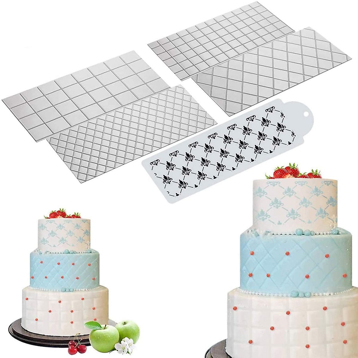 Wedding Cake Stencil Template, Kissbuty 5 Pcs Cake Decorating Embossing Plastic Spray Floral Cake Cookie Fondant Side Baking Mesh Stencil Mat Wedding Decor Tools (Diamond Quilted Grid Texture)