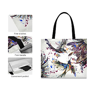 Canvas Tote Bag Watercolor Bird Hummingbird Feather Large Shopper Bag with Zipper Pocket Reusable Casual Shoulder Bag for Women Men