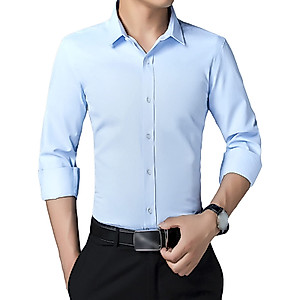 Long Sleeve Stylish Shirts for Men Solid Color Lightweight Slim Shirts Classic Business Button Down Dress Shirt (Blue,Small)
