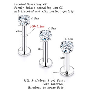 16G Lip Rings For Women Stainless Surgical Steel Labret Jewelry Monroe Lip Ring Medusa Piercing Jewelry Tragus Helix Cartilage Forward Earring Piercing Jewelry For Women 6MM 8MM 10MM Silver 4.5MM CZ