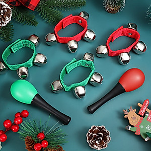 24 Pcs Christmas Shaker Musical Instruments 12 Wrist Hand Band Bells 12 Mini Plastic Maracas Shaker Learning Percussion Toy for Christmas Music Party Favors Noisemaker