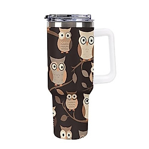 LLUTSNTH 40 Oz Vacuum Tumbler with White Handle Leakproof Insulated Tumbler Cute Brown Cartoon Owls Stainless Steel Travel Mug with Lid And Straw Coffee Cup Cute Water Bottles Cup Holder Friendly