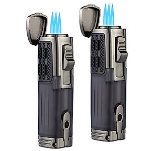 TOMOLO Torch Lighter Triple Jet Flame Refillable Butane Cigar Lighter with Cigar Punch,2 Pack,Charcoal