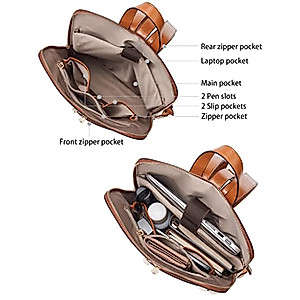 BOSTANTEN Leather Laptop Backpack for Women, 15.6 inch Computer Backpack College Business Large Daypack Work Travel Bag Beige with Brown