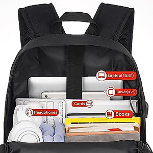 Jiauny School Backpack,Lightweight Bookbag Classic Scoolbag Laptop Backpack with USB Charging Port for High School Teens College Students Work Office Adult,Black
