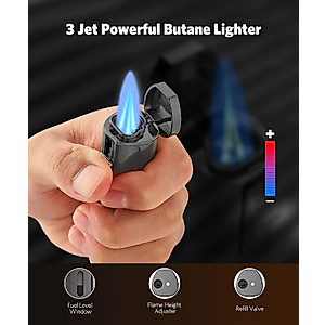 RONXS Cigar Lighter and Cutter Set, Adjustable Jet Flame Torch Lighter and Cigar Cutter, Windproof Cigarette Lighters, Great Gift Idea for Father's Day and Birthday (Butane Gas Not Included) (Black)