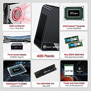 Beelink SER5 Mini PC,AMD Ryzen 5 5500U (6C/12T,up to 4.0GHz),Mini Computer with 16GB DDR4/500GB NVMe SSD, Micro pc Support Three Screen Display(2*HDMI/Type-C)/WiFi6/BT5.2