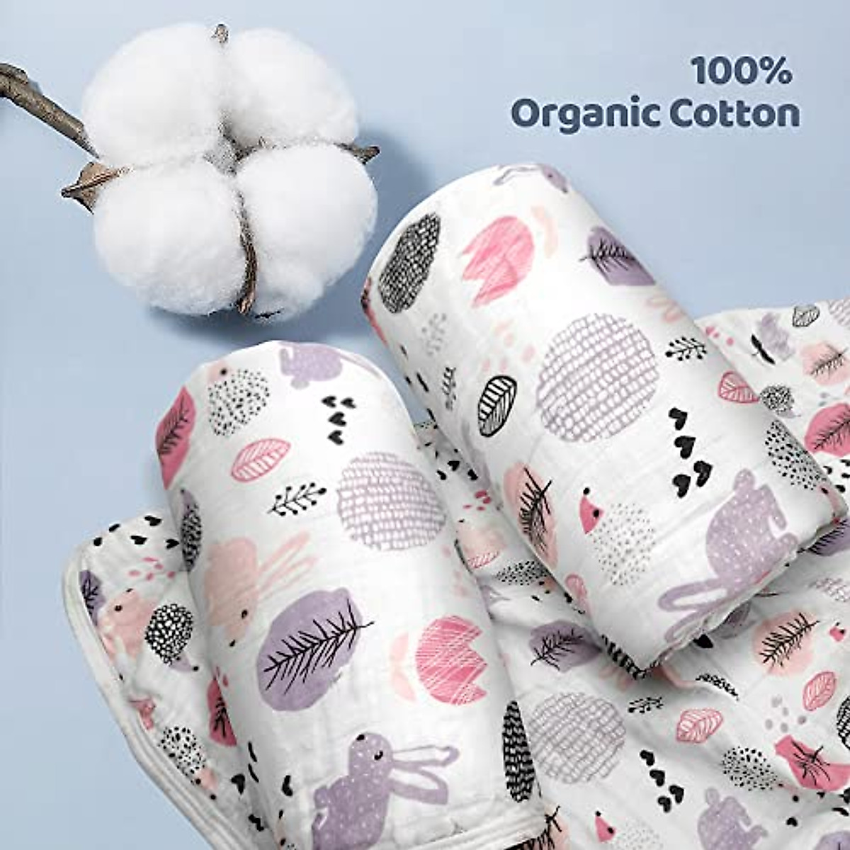 Miracle Baby Muslin Swaddle Blankets Large Cotton Receiving Blanket Nursing Cover 55''x 39''(2 Layers,Rabbit)