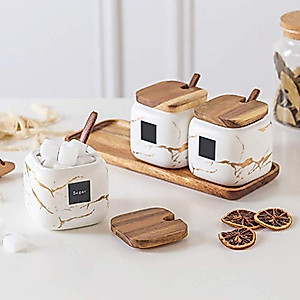 JFFLYIT 3 Pcs Sugar Bowls Ceramic Coffee Jar Set Ceramic Seasoning Jar with Lid Spoon and Tray/Food Storage Canister