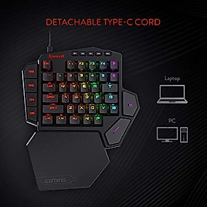 Redragon K585 DITI One-Handed RGB Mechanical Gaming Keyboard, Type-C Professional Gaming Keypad with 7 Onboard Macro Keys, Detachable Wrist Rest, 42 Keys (Black-Blue Switch)