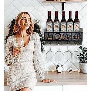 CoTa Global Modern Grey Wall Mounted Wine Rack - Wooden Wine Bottle Holder for 5 Bottles & 4 Wine Glasses with Cork Storage, Hanging Metal Home Sign & Organizer Wood Shelf for Wine Bar & Home Décor