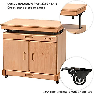 MEEDEN Artist Taboret Rolling Cart, Solid Beech Wood Artist Storage Cart on Wheels with Lifting Desktop, Art Cart on 4 Lockable Wheels for Painting Supplies, Up to 11 Different Storage Units