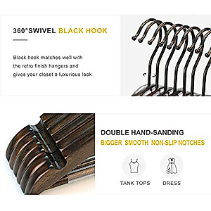 TOPIA HANGER Heavy Duty Wood Coat Hangers in Smooth Retro Finish, Boutique Quality Wooden Suit Hangers-Thicker Non-Slip Rubber Pants Bar and Extra Smoothly Cut Notches-360° Black Hook-18 Pack CT04A