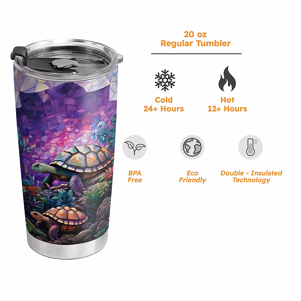 20oz Purple Stained Glass Flower Sea Turtle Tumbler, Gifts for Turtle Lovers, Ocean, Beach Gifts, Coffee Thermos for Women, Stainless Steel Double Wall Vacuum Insulated Coffee Mug, Travel Cup with Lid