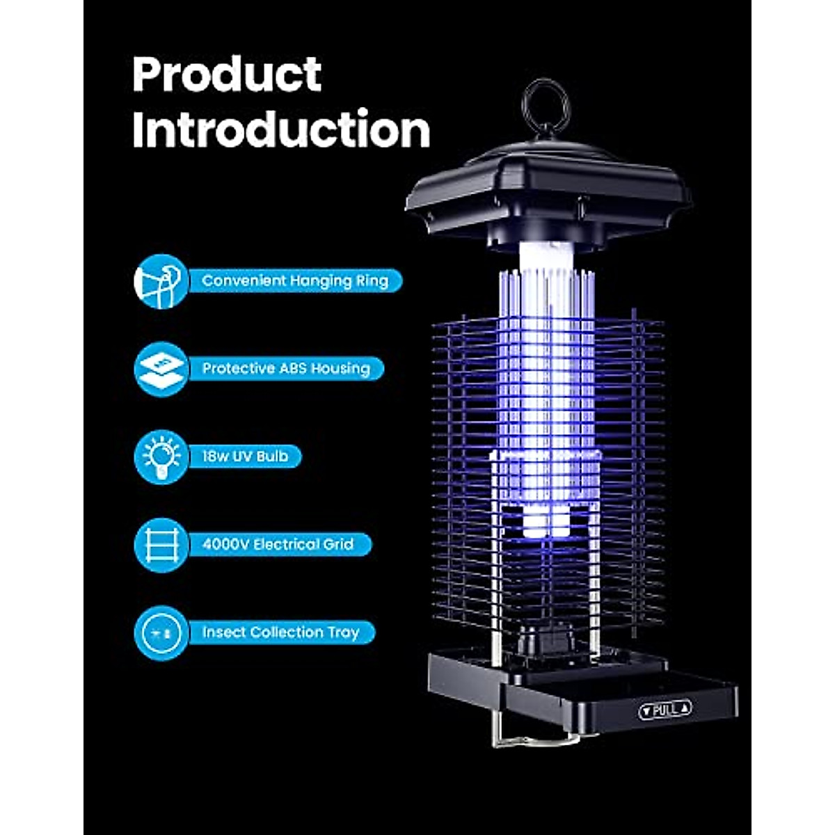 Gaiatop Bug Zapper Outdoor, 4000V 18W Mosquito with 5ft Power Cord, Waterproof Electric Insect/Fly Trap Killer for Home Backyard Garden Patio - Black